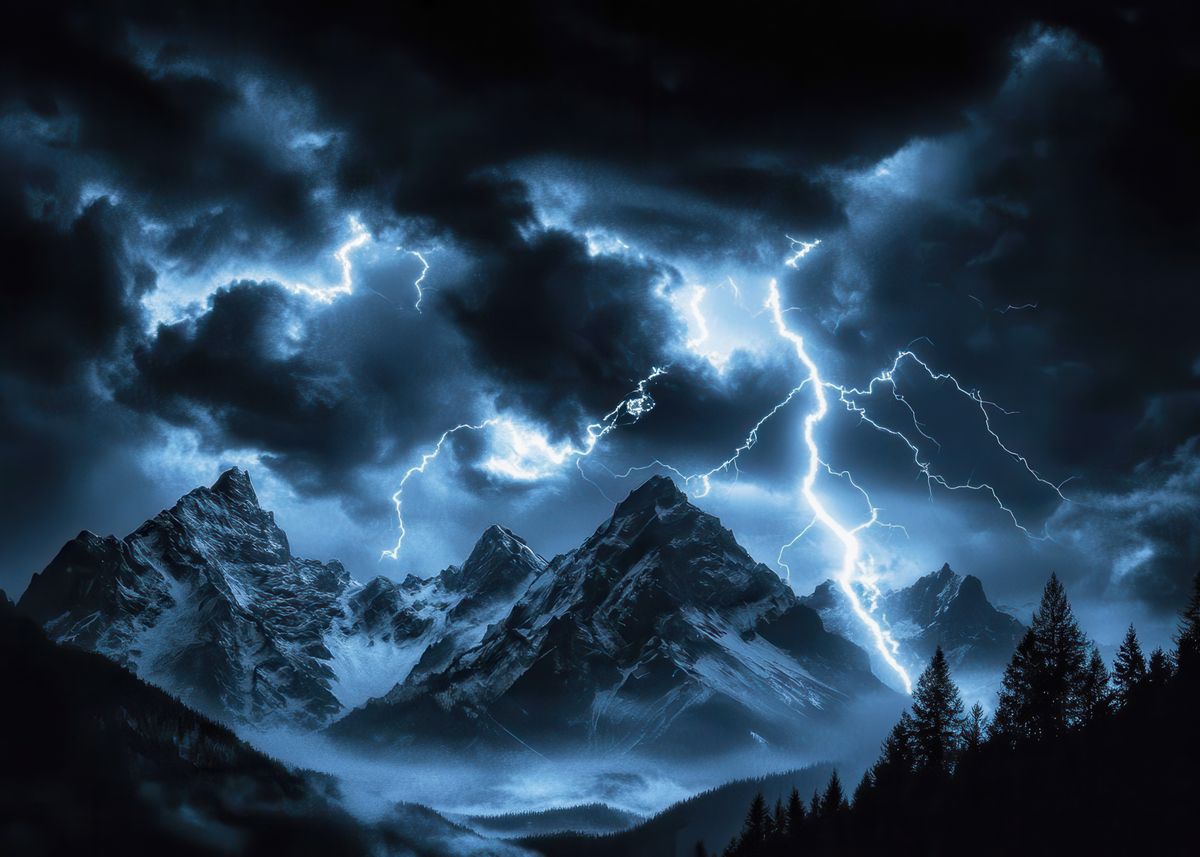 'Lightning Storm Over Mountains' Poster, picture, metal print, paint by ...
