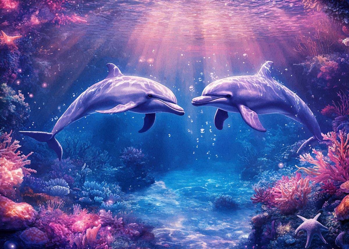 'Dolphin Love Underwater' Poster, picture, metal print, paint by Lord ...