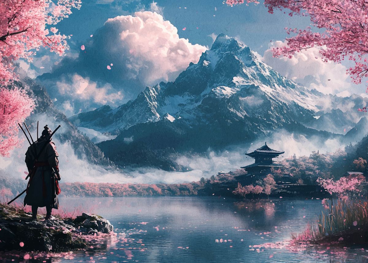 'Samurai and Cherry Blossoms' Poster, picture, metal print, paint by ...