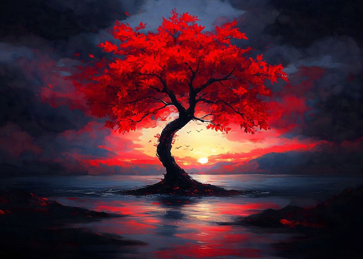 'Red Tree Sunset' Poster, picture, metal print, paint by InkAura | Displate