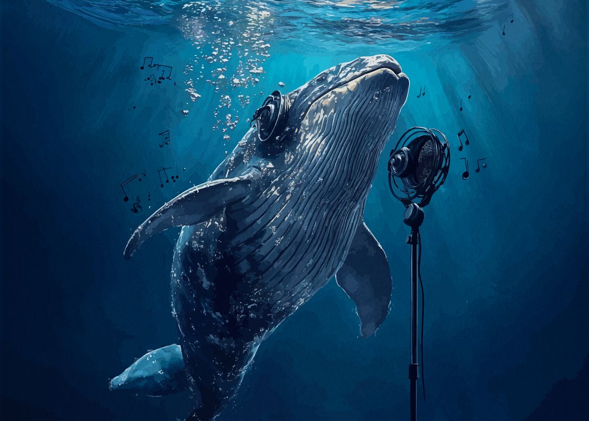 'Whale Singing with Microphone' Poster, picture, metal print, paint by ...