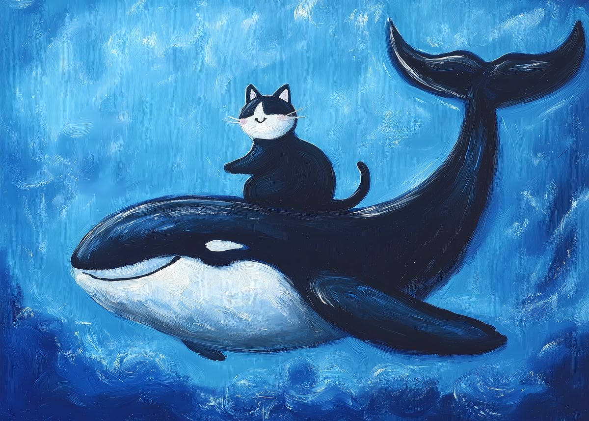 'Cat Riding Whale' Poster, picture, metal print, paint by Toko Diwan ...
