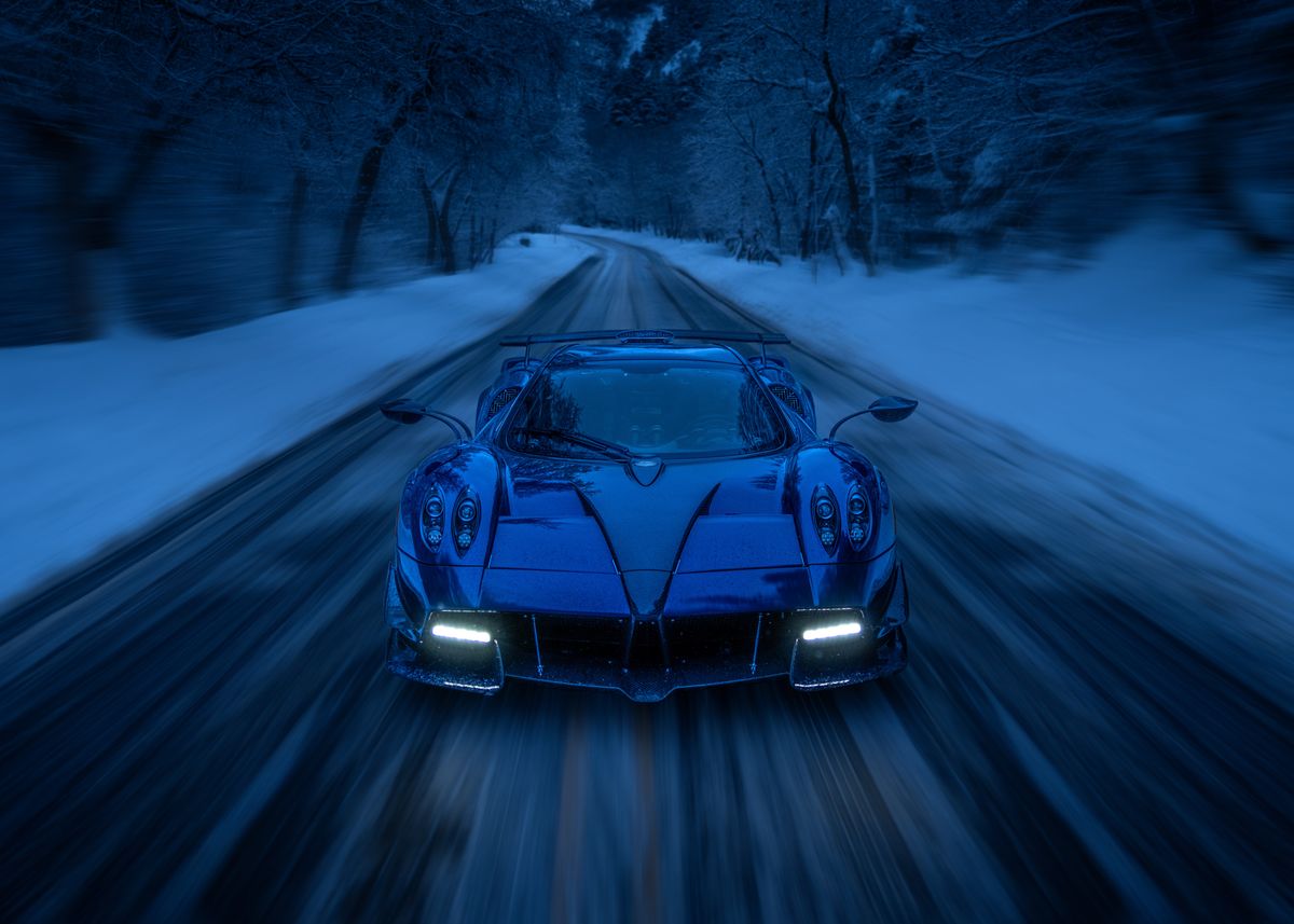 'Blue Supercar in Snowy Forest' Poster, picture, metal print, paint by ...