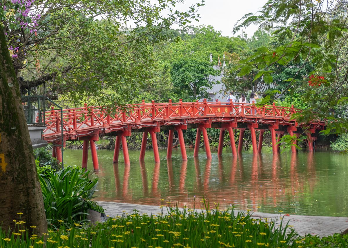 'Red Bridge Over Water' Poster, picture, metal print, paint by Adel Kamel | Displate