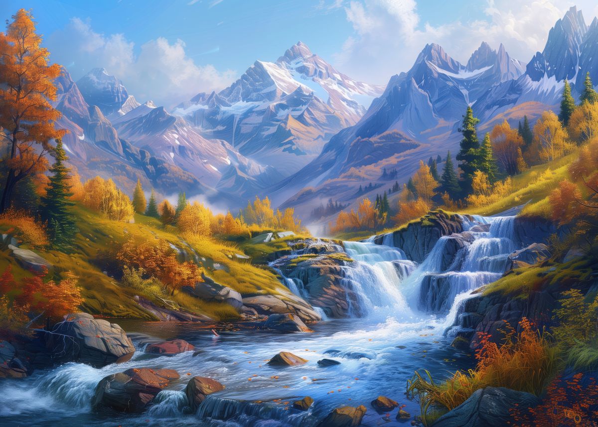 'Mountain Waterfall Landscape' Poster, picture, metal print, paint by ...