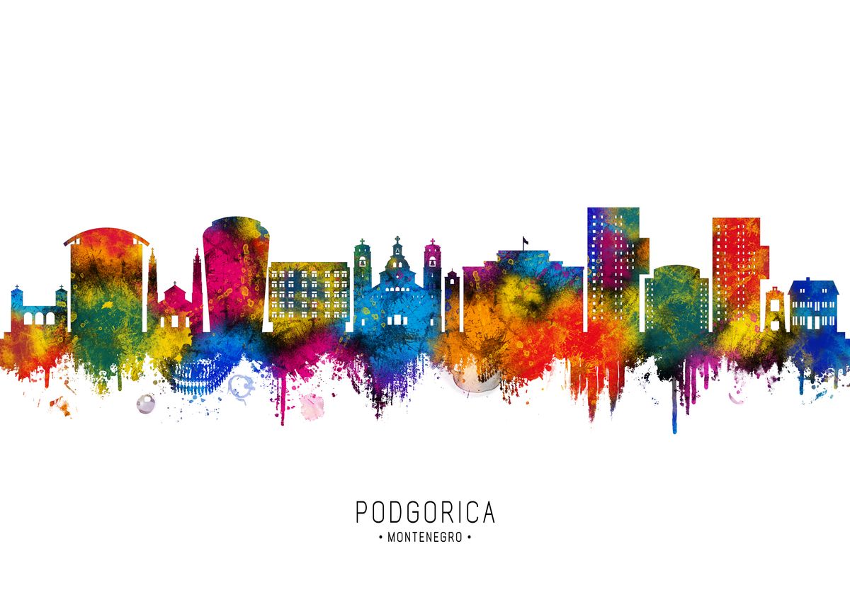 'Podgorica Skyline Watercolor' Poster, picture, metal print, paint by ...