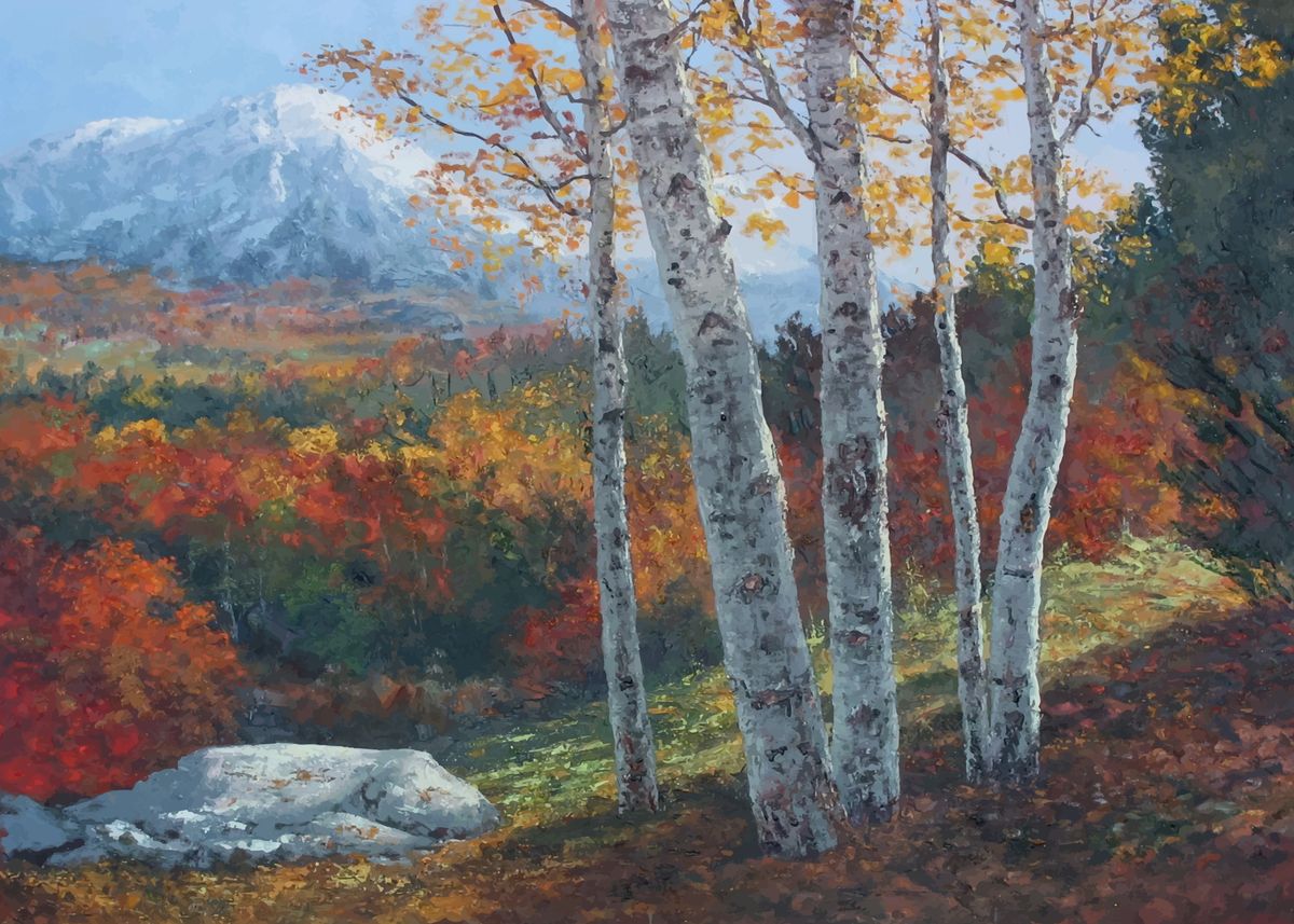 'Impressionist painting Autumn Birch Trees Landscape' Poster, picture ...