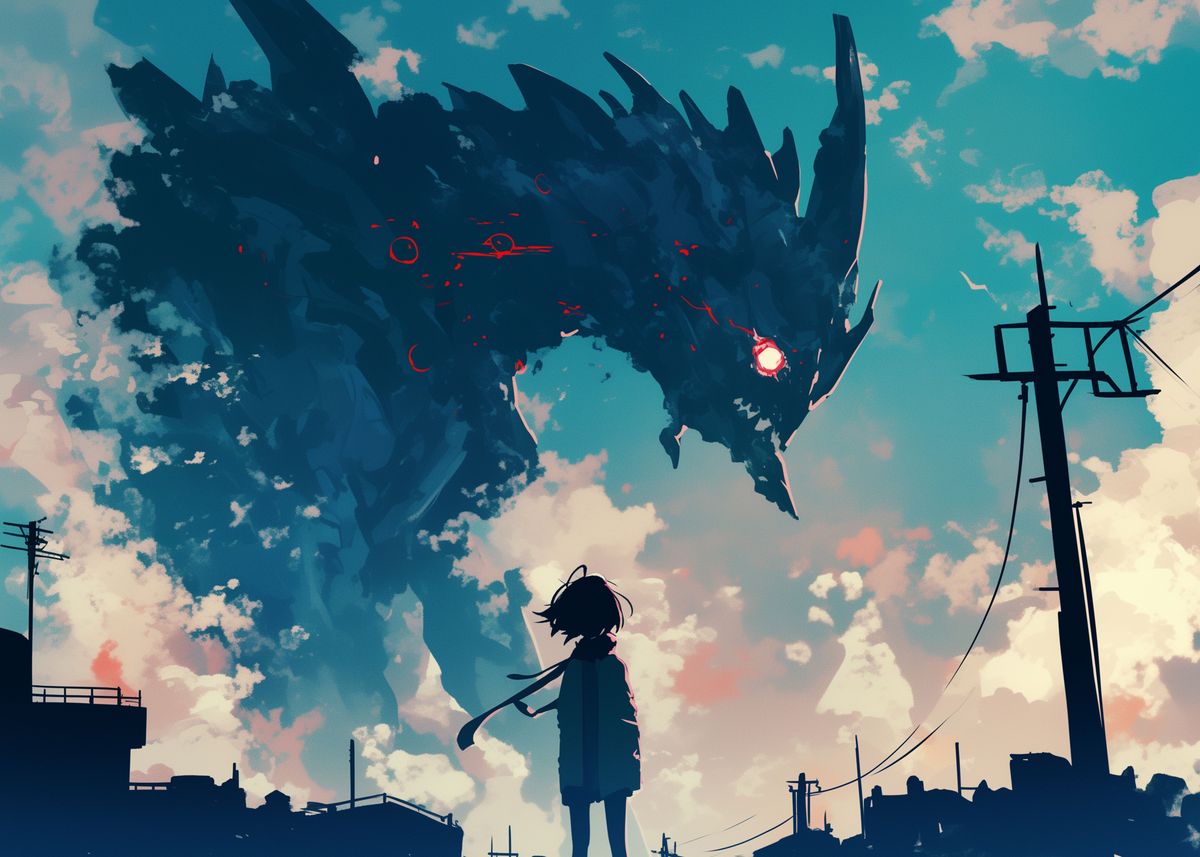 'Anime Girl Facing Giant Monster' Poster, picture, metal print, paint ...