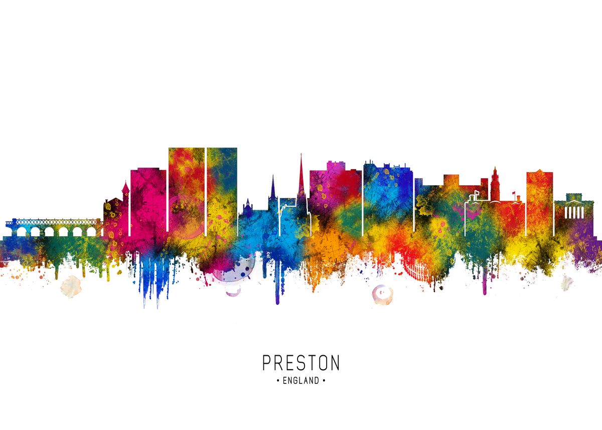 'Preston Skyline Watercolor' Poster, picture, metal print, paint by ...