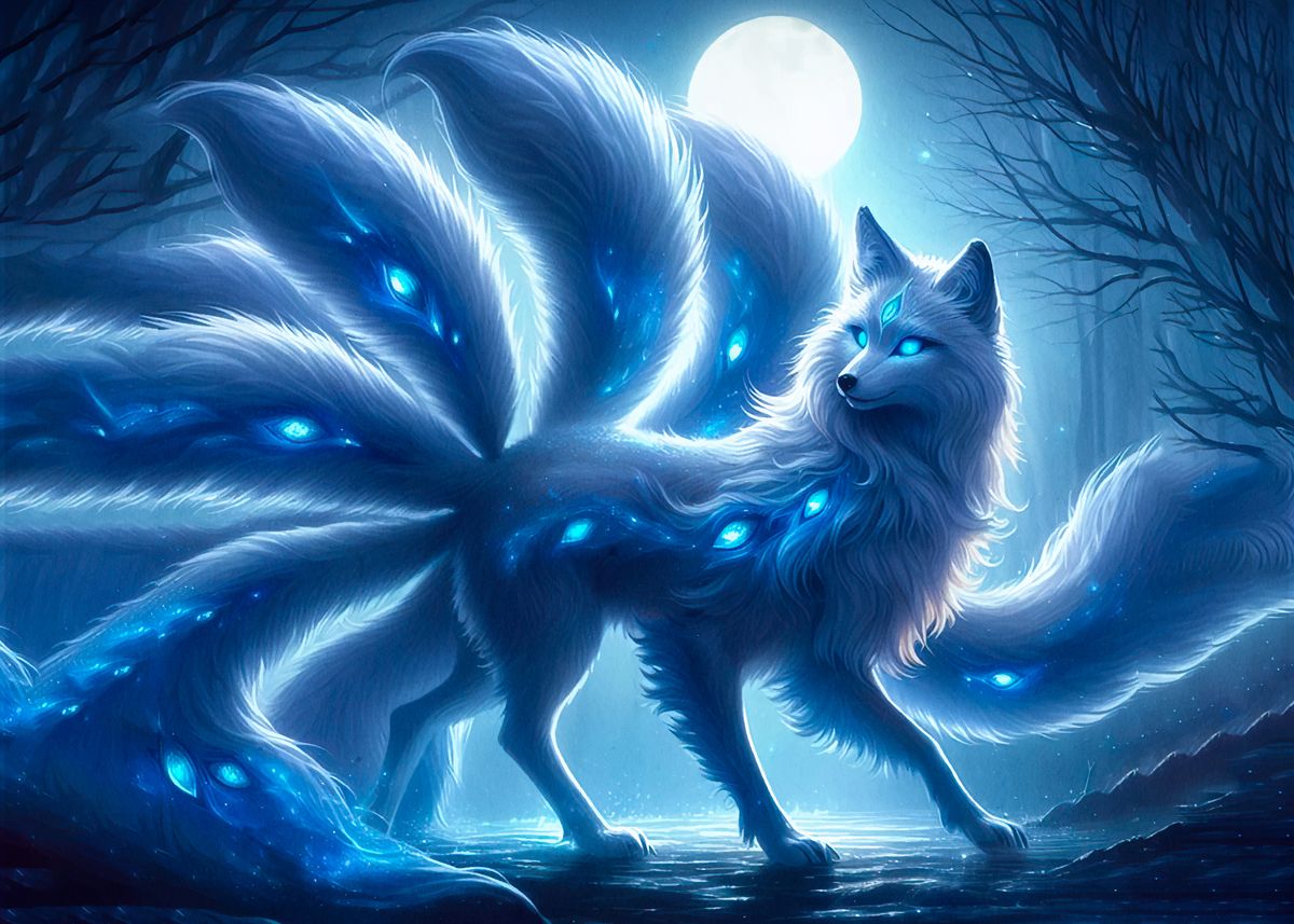 'Nine-Tailed Fox with Glowing Eyes' Poster, picture, metal print, paint ...