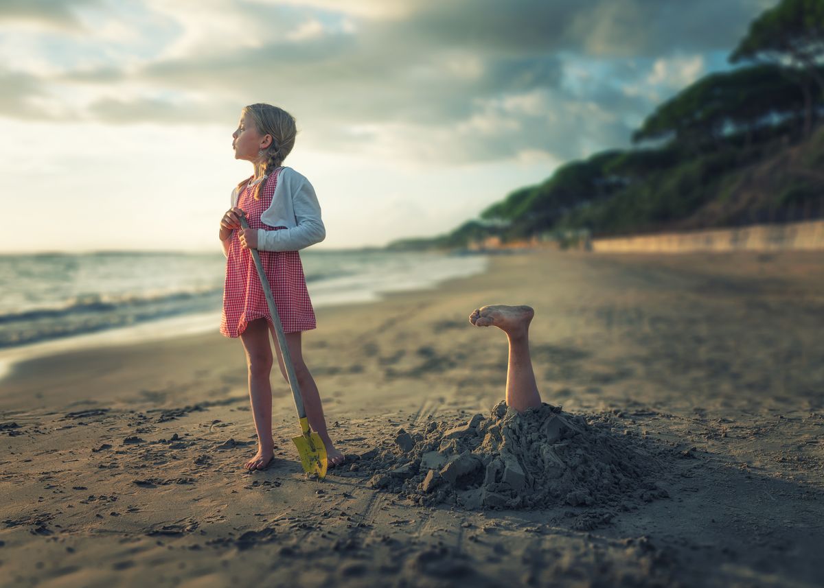 'Girl on Beach with Buried Leg' Poster, picture, metal print, paint by ...