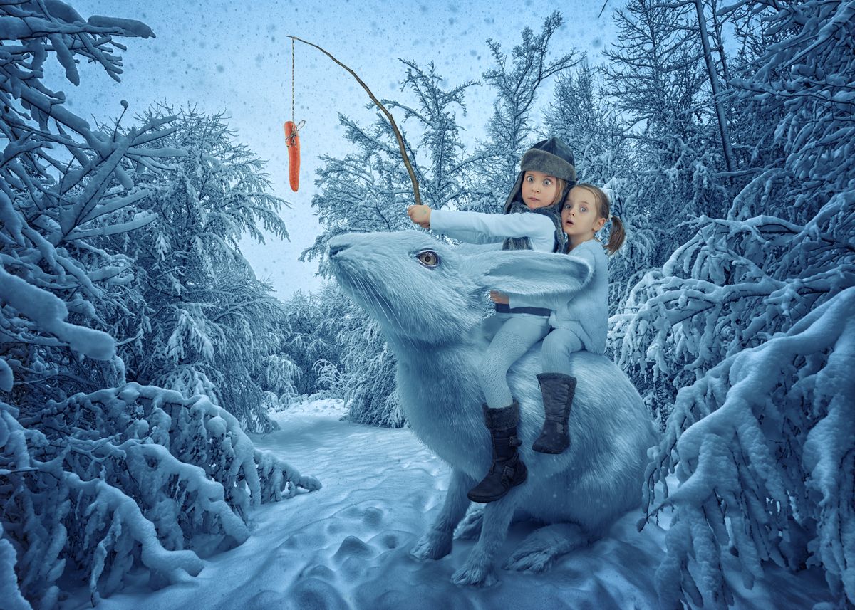 'Winter Wonderland Rabbit Ride' Poster, picture, metal print, paint by ...