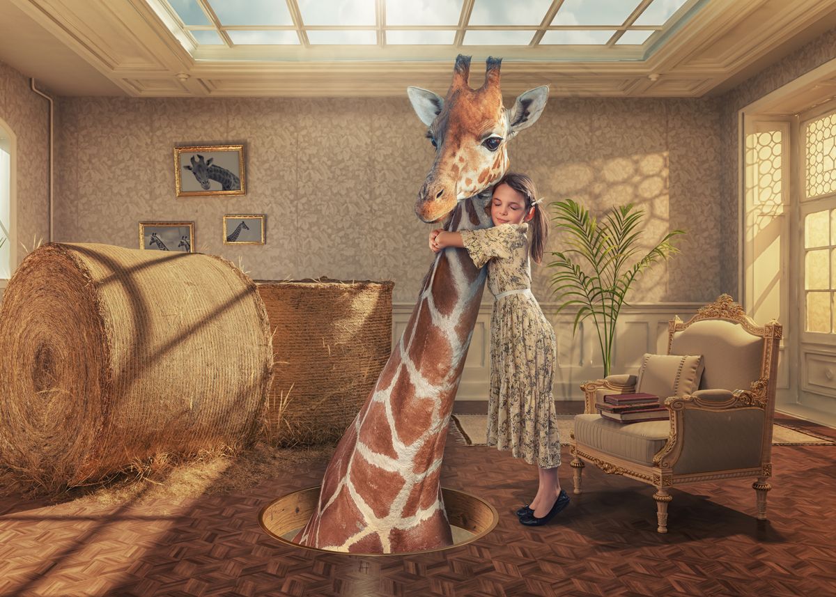 'Giraffe Hug in a Room' Poster, picture, metal print, paint by John ...