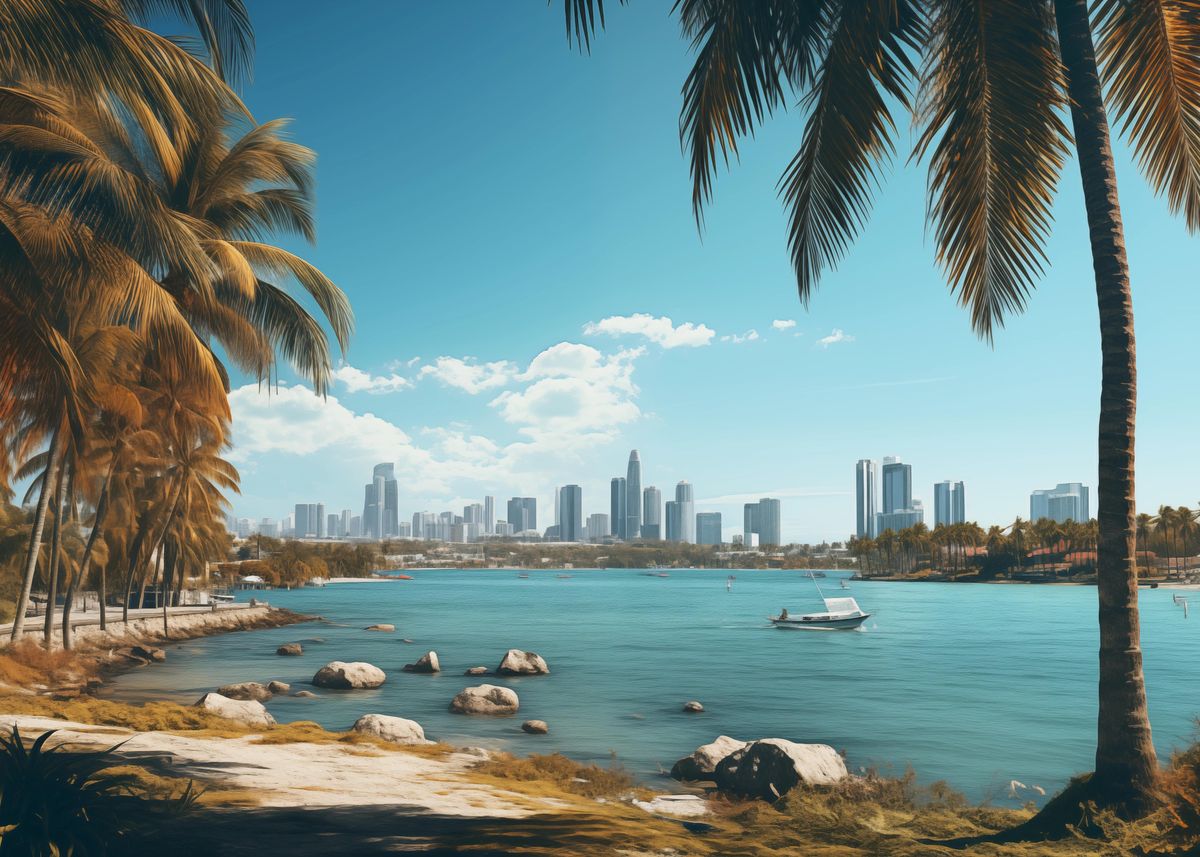 'Tropical Cityscape' Poster, picture, metal print, paint by | Displate