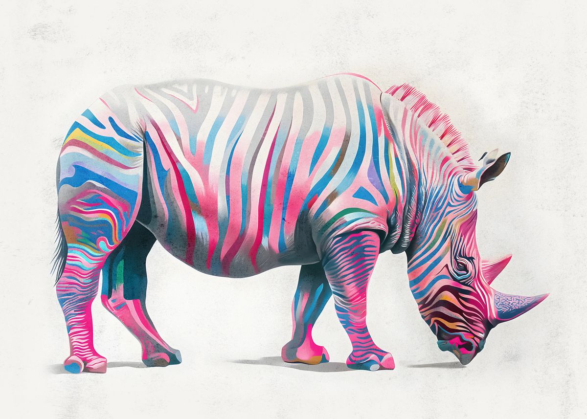 'Colorful Zebra Rhino Rainbow' Poster, picture, metal print, paint by Uber Colektiv | Displate
