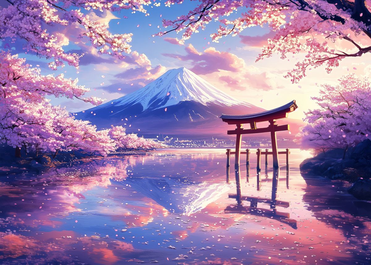 'Mount Fuji Sakura Landscap' Poster, picture, metal print, paint by ...