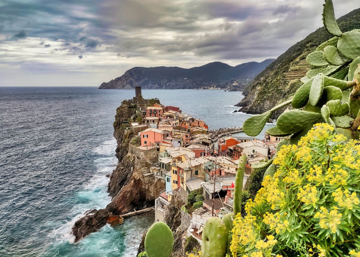 'Coastal Village with Tower in Cinque Terre' Poster, picture, metal ...