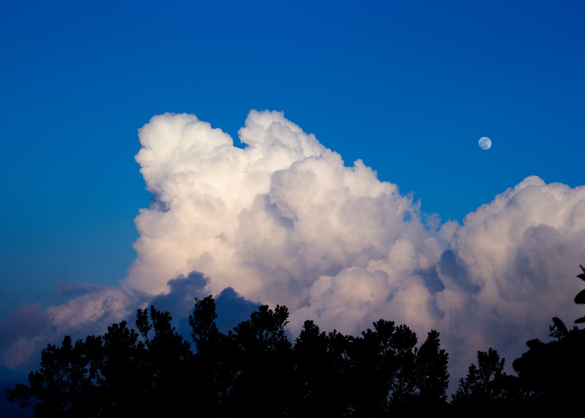 'Cloudy Sky with Moon' Poster, picture, metal print, paint by | Displate