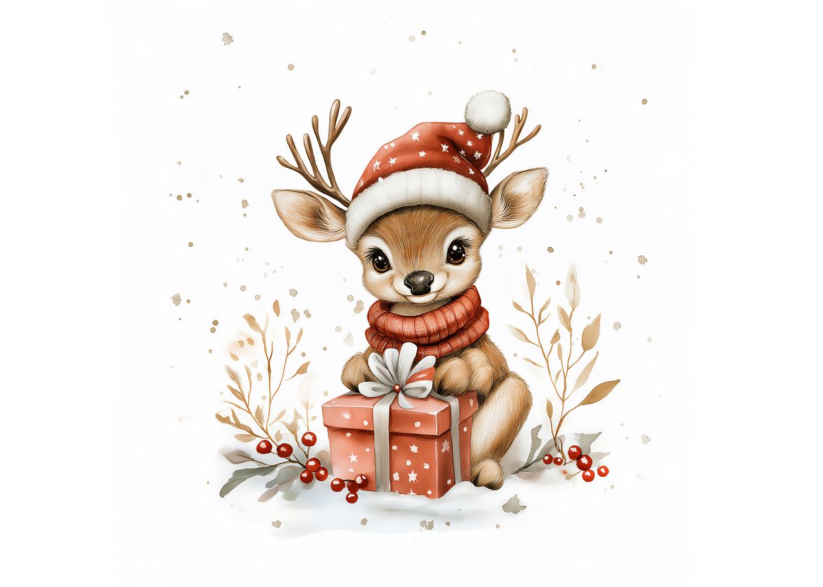 'Christmas Deer with Gift' Poster, picture, metal print, paint by PIPA ...