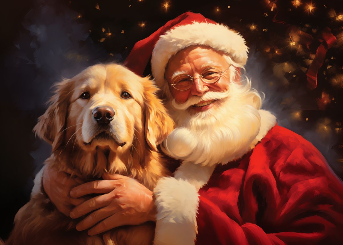 'Santa Claus with Golden Retriever' Poster, picture, metal print, paint ...
