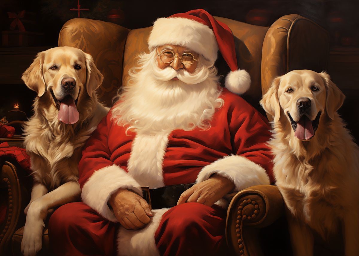'Santa with Golden Retrievers' Poster, picture, metal print, paint by ...