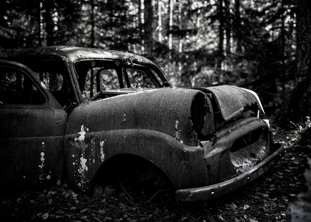 'Kyrkö Mosse Rusty Car Wreck in Forest' Poster, picture, metal print ...