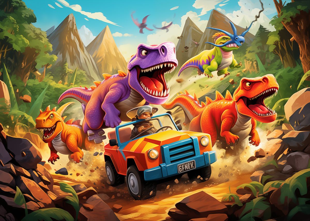 'Dinosaur Chase' Poster, picture, metal print, paint by MikyMay | Displate