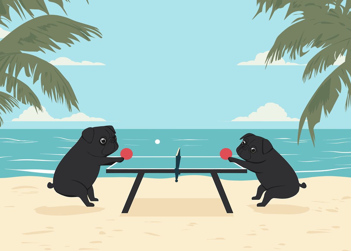 'Pugs Ping Pong Tropical Beach' Poster, picture, metal print, paint by ...