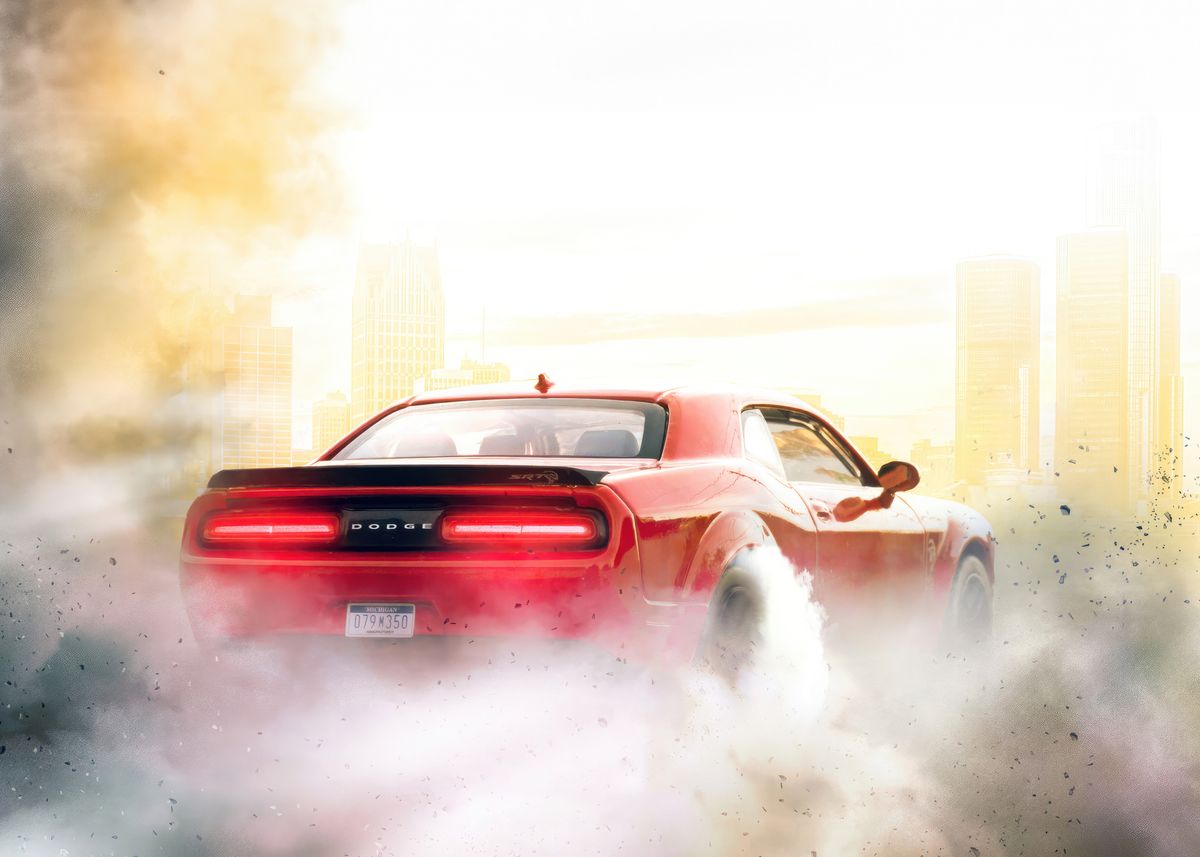 'Red Dodge Challenger Burnout' Poster, picture, metal print, paint by ...