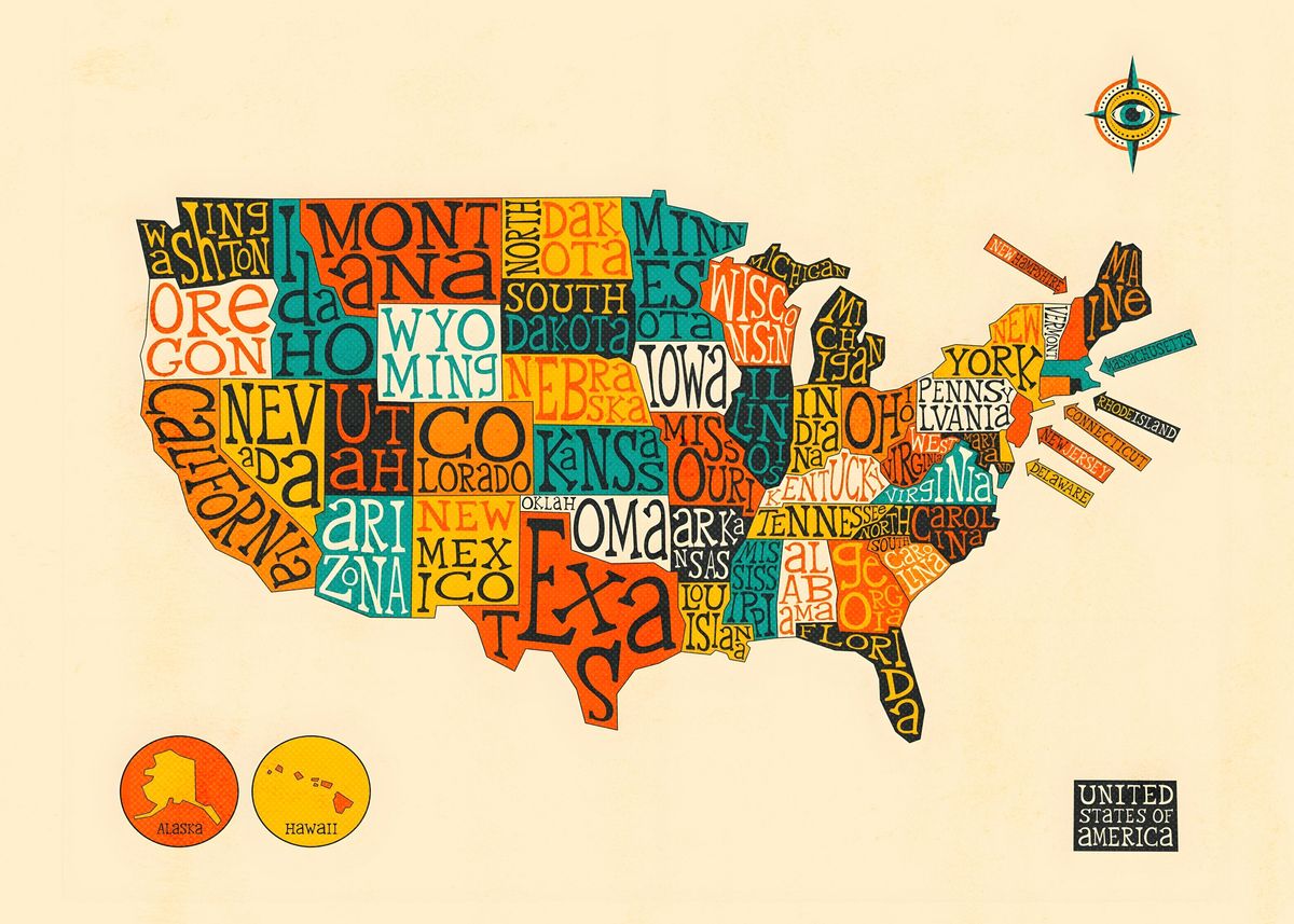 'US States Map Typography' Poster, picture, metal print, paint by Uber ...