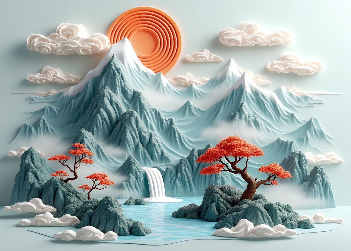 'Papercraft Mountain Landscape' Poster, picture, metal print, paint by ...