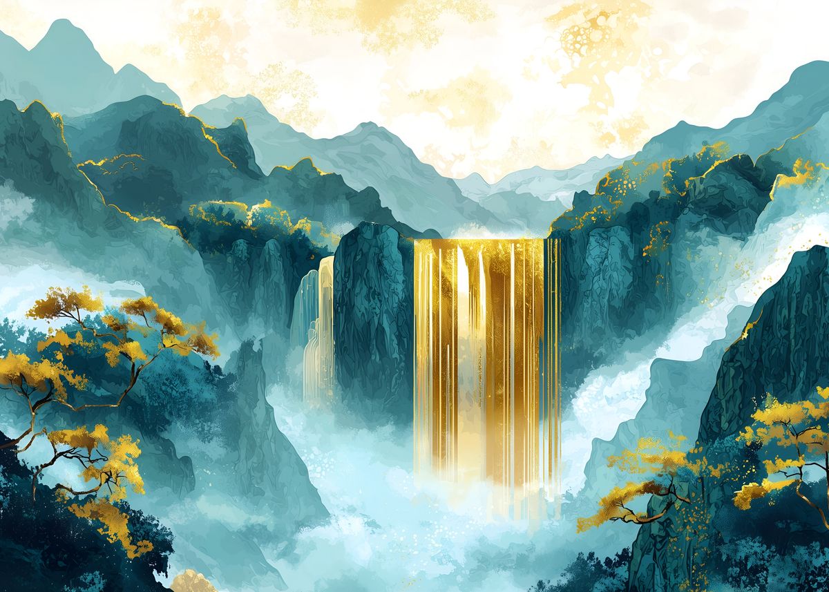 'Golden Waterfall Landscape' Poster, picture, metal print, paint by ...
