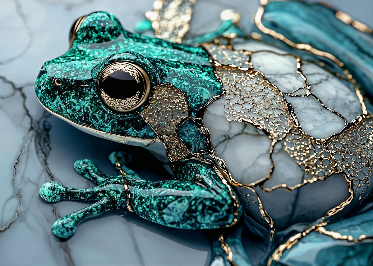 'Kintsugi Emerald Frog Sculpture' Poster, picture, metal print, paint ...