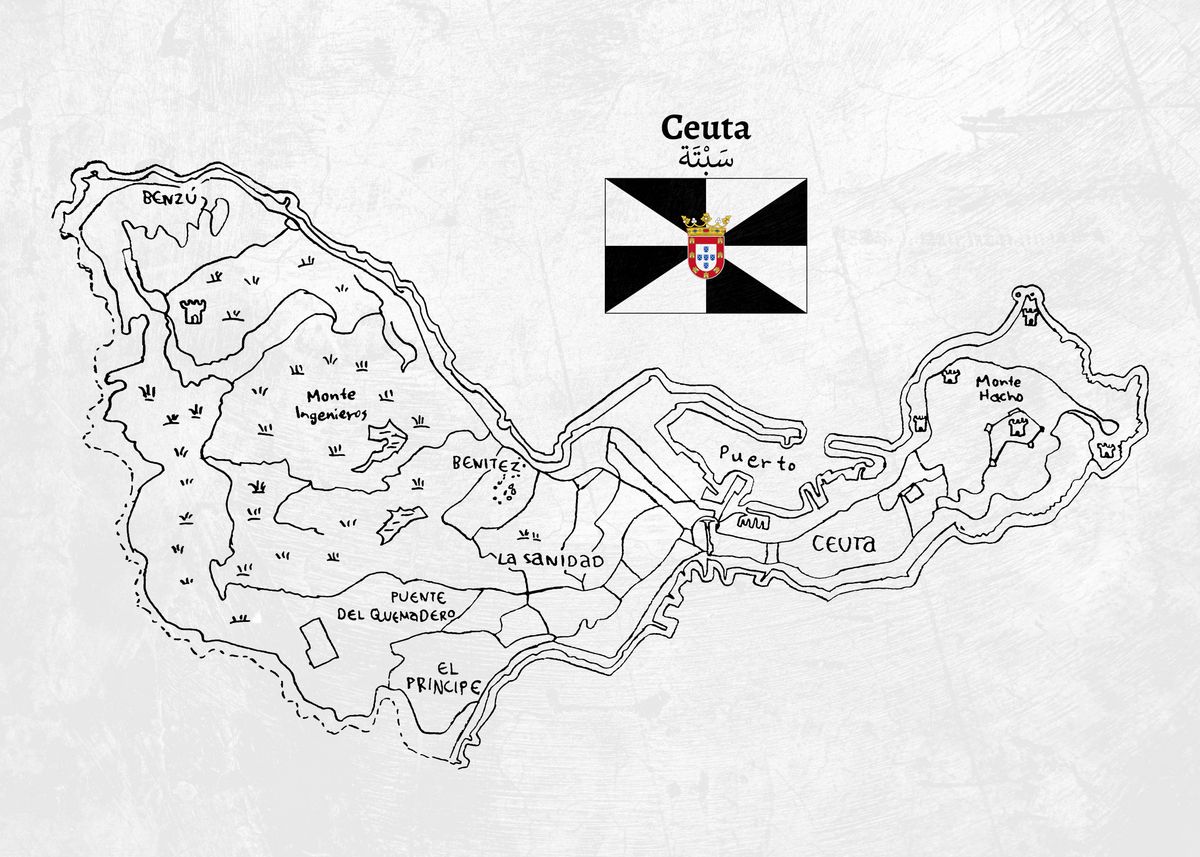 'Handdrawn Map of Ceuta.' Poster, picture, metal print, paint by ...