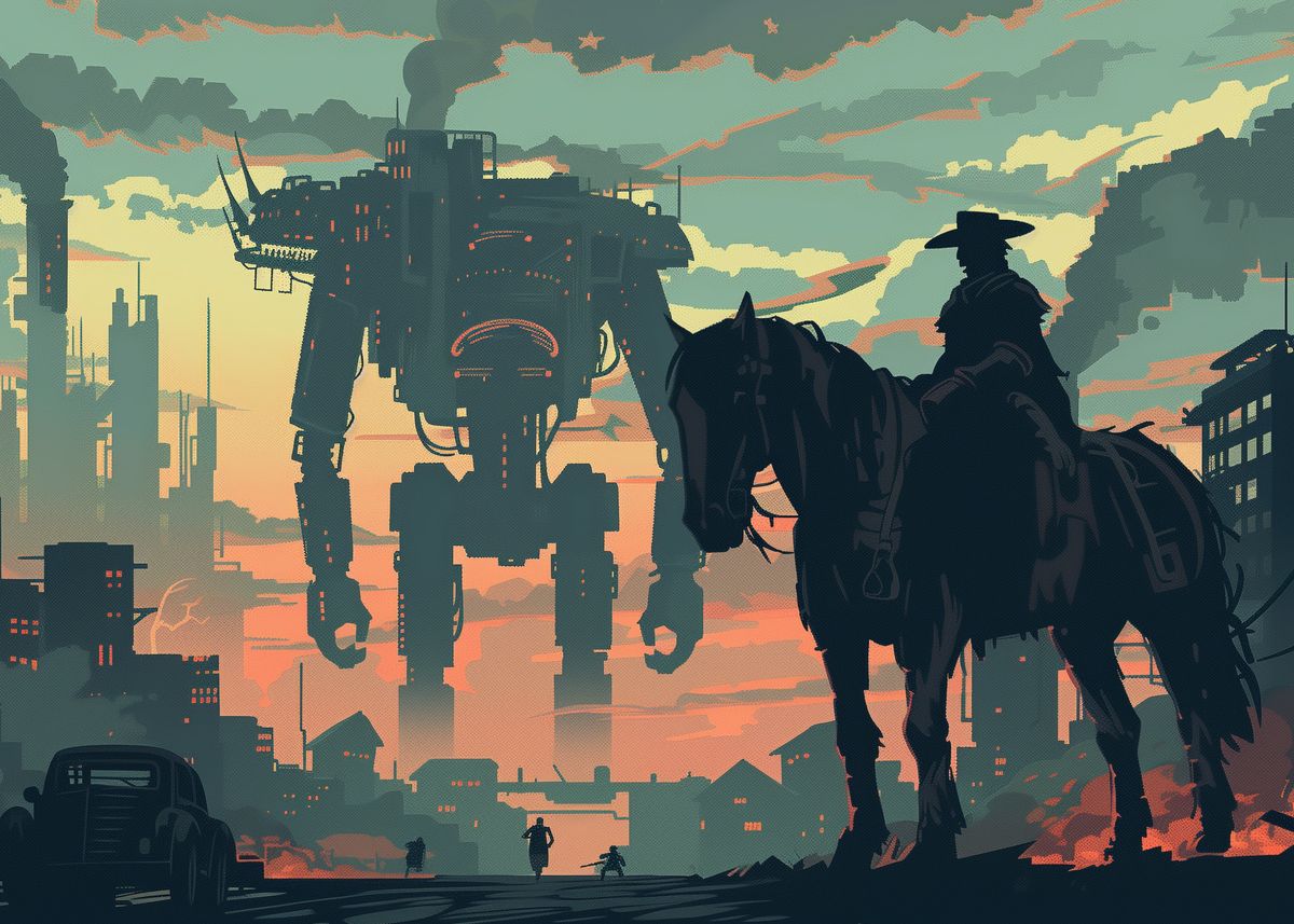 'Cowboy vs. Mech' Poster, picture, metal print, paint by der Mumpitz ...