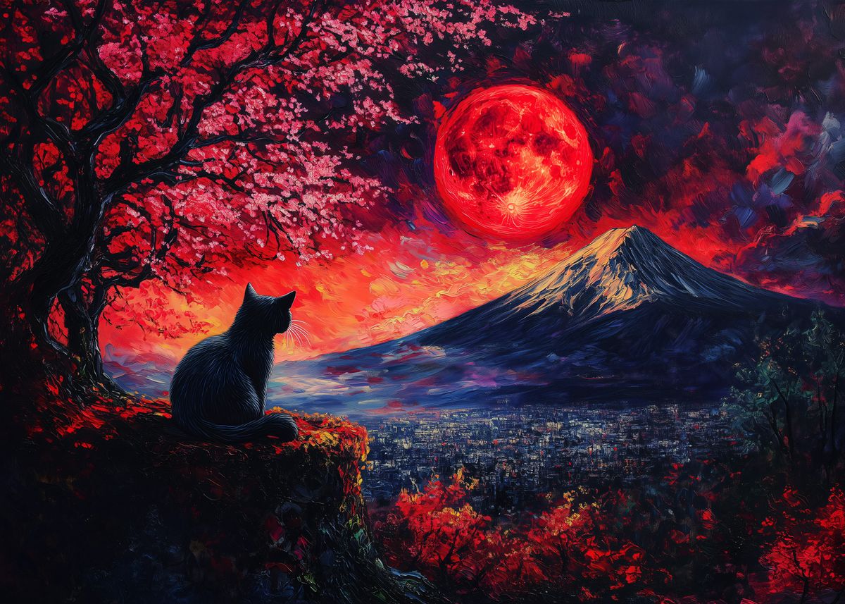 'Black Cat Under Red Moon' Poster, picture, metal print, paint by ...