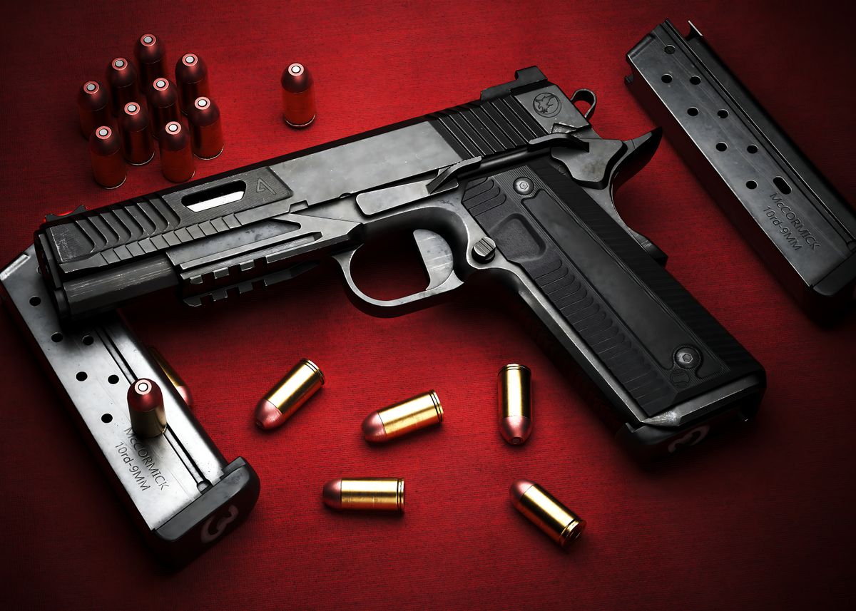 'Black Handgun with Bullets' Poster, picture, metal print, paint by ...