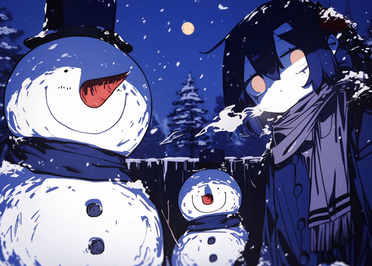 'Anime Girl and Snowmen' Poster, picture, metal print, paint by ...