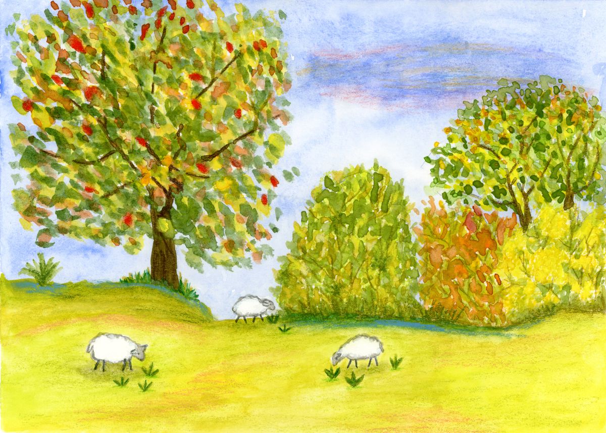 'Autumn Meadow with Sheep Watercolor' Poster, picture, metal print, paint by Itaya Art | Displate