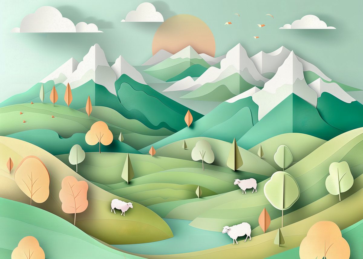 'Papercraft Mountain Landscape' Poster, picture, metal print, paint by ...