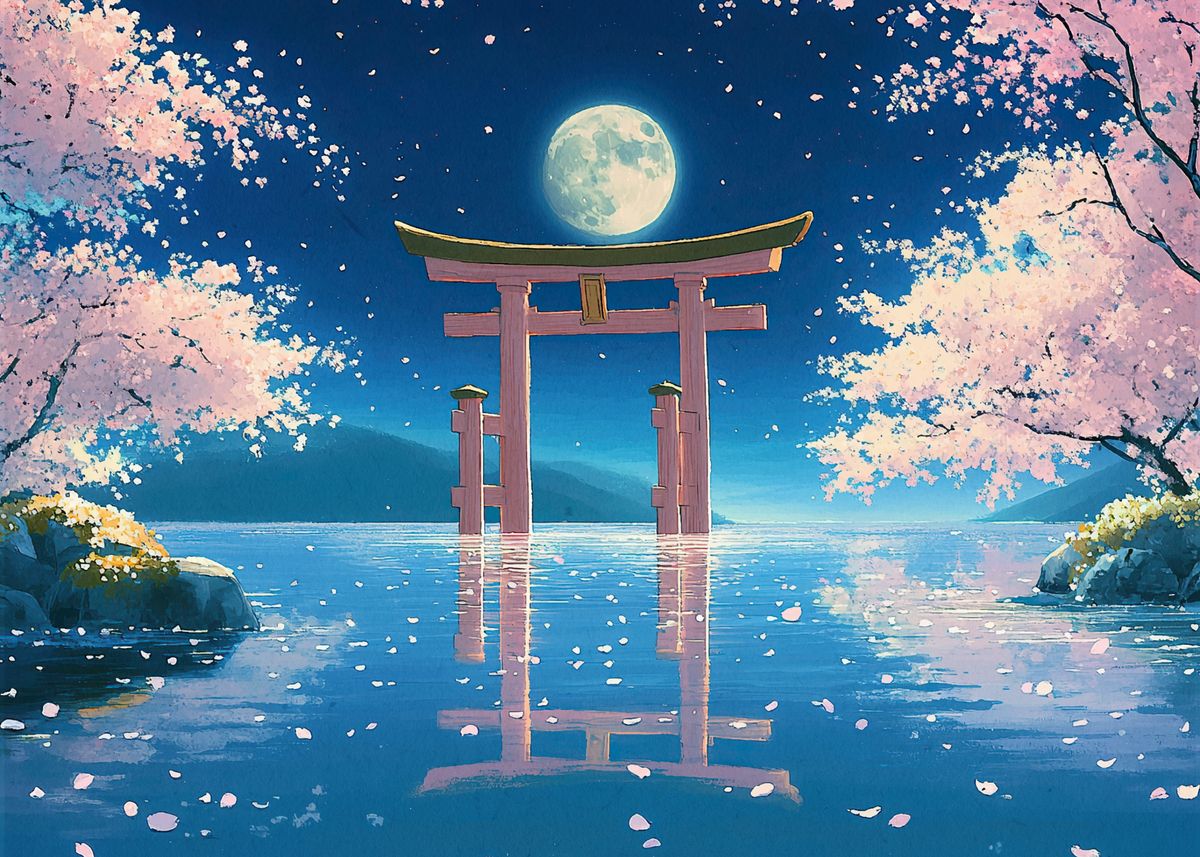 'Japanese Moonlit Torii Gate' Poster, picture, metal print, paint by AdilHome | Displate