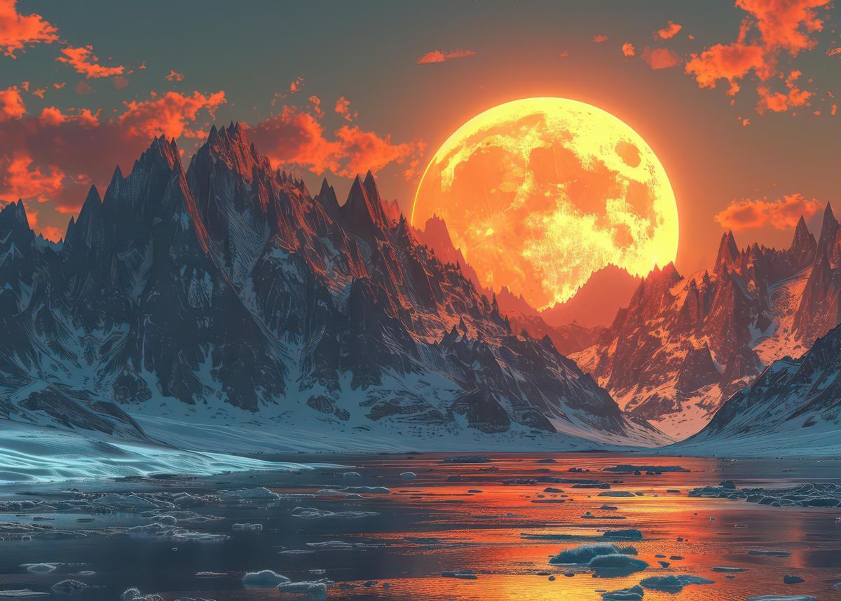 'Orange Moon Over Rocky Mountains' Poster, picture, metal print, paint ...