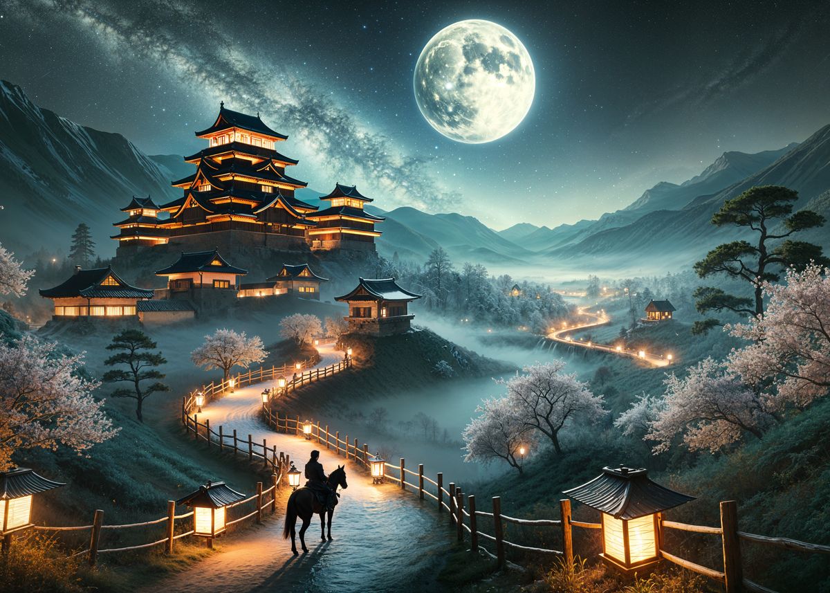 'Japanese Castle Night Scene' Poster, picture, metal print, paint by ...