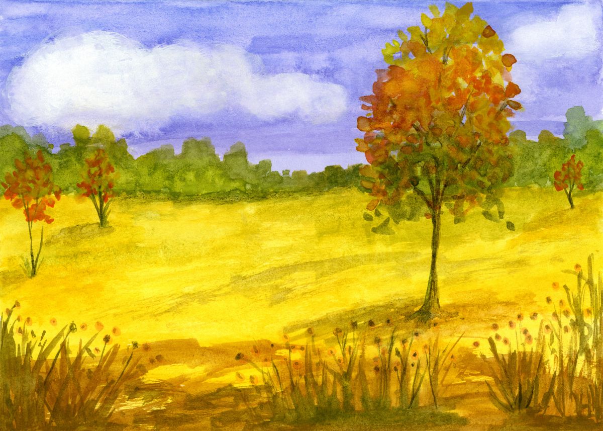 'Golden Hour Autumn Field Watercolor' Poster, picture, metal print, paint by Itaya Art | Displate