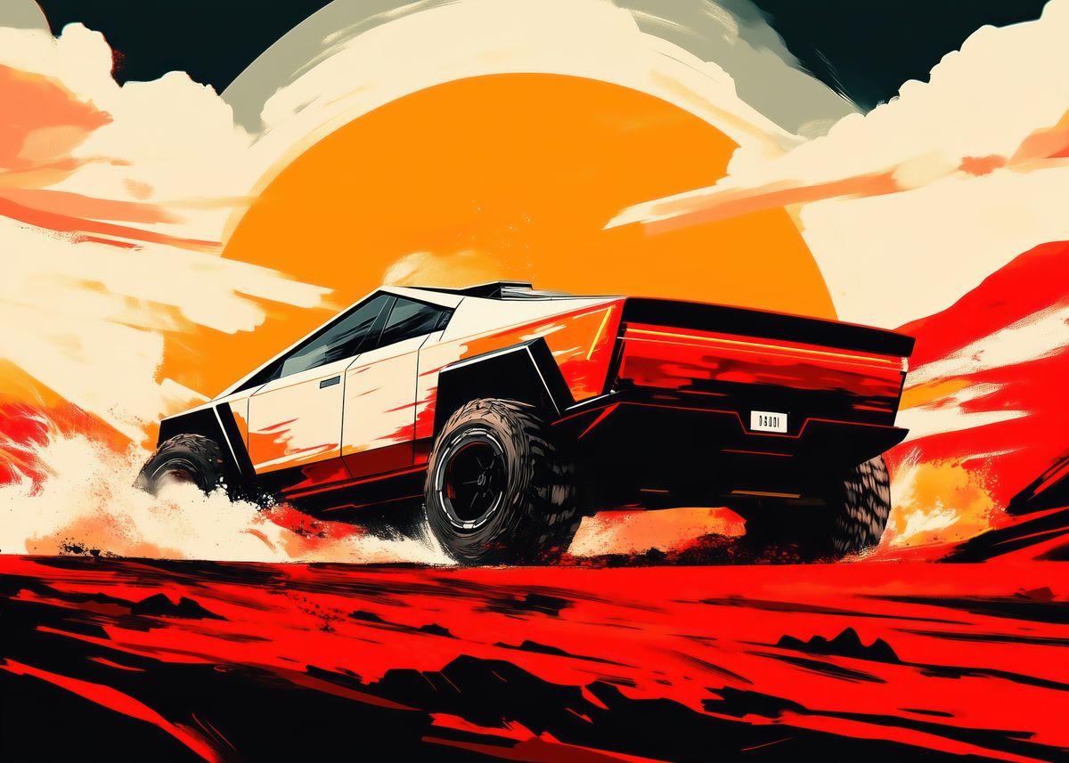 'Cybertruck Sunset Drive' Poster, picture, metal print, paint by Wall ...