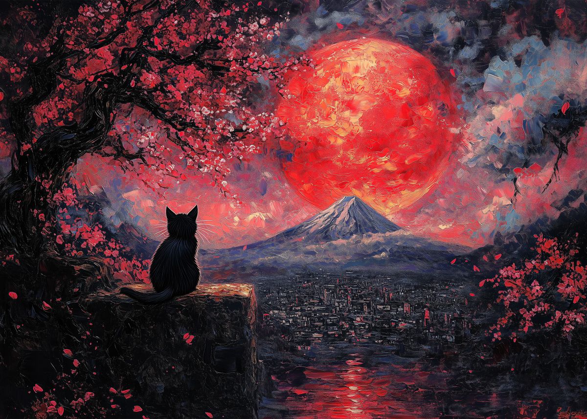 'Black Cat Under Red Moon' Poster, picture, metal print, paint by ...