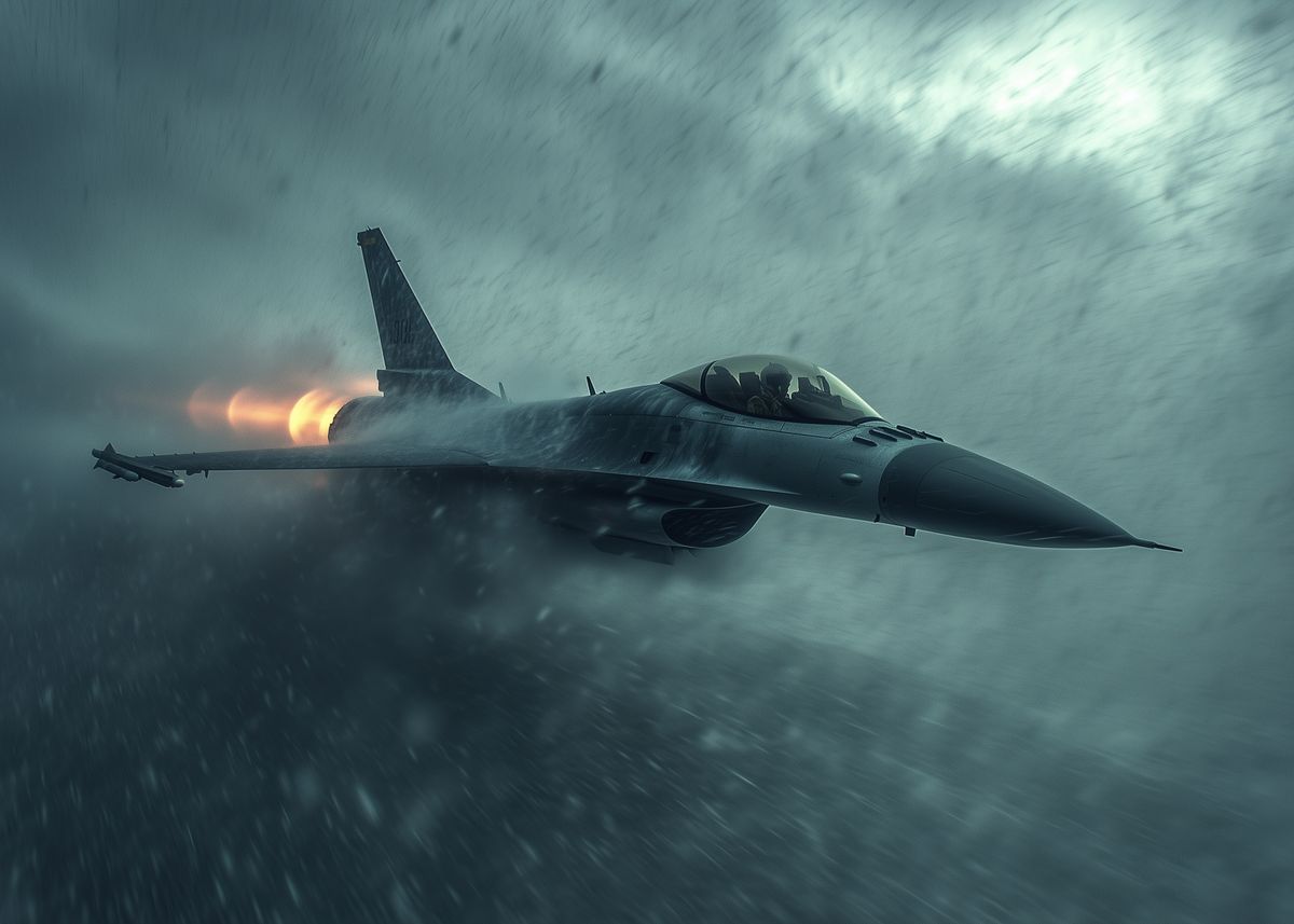 'F16 Fighter Jet in Snow Storm' Poster, picture, metal print, paint by ...