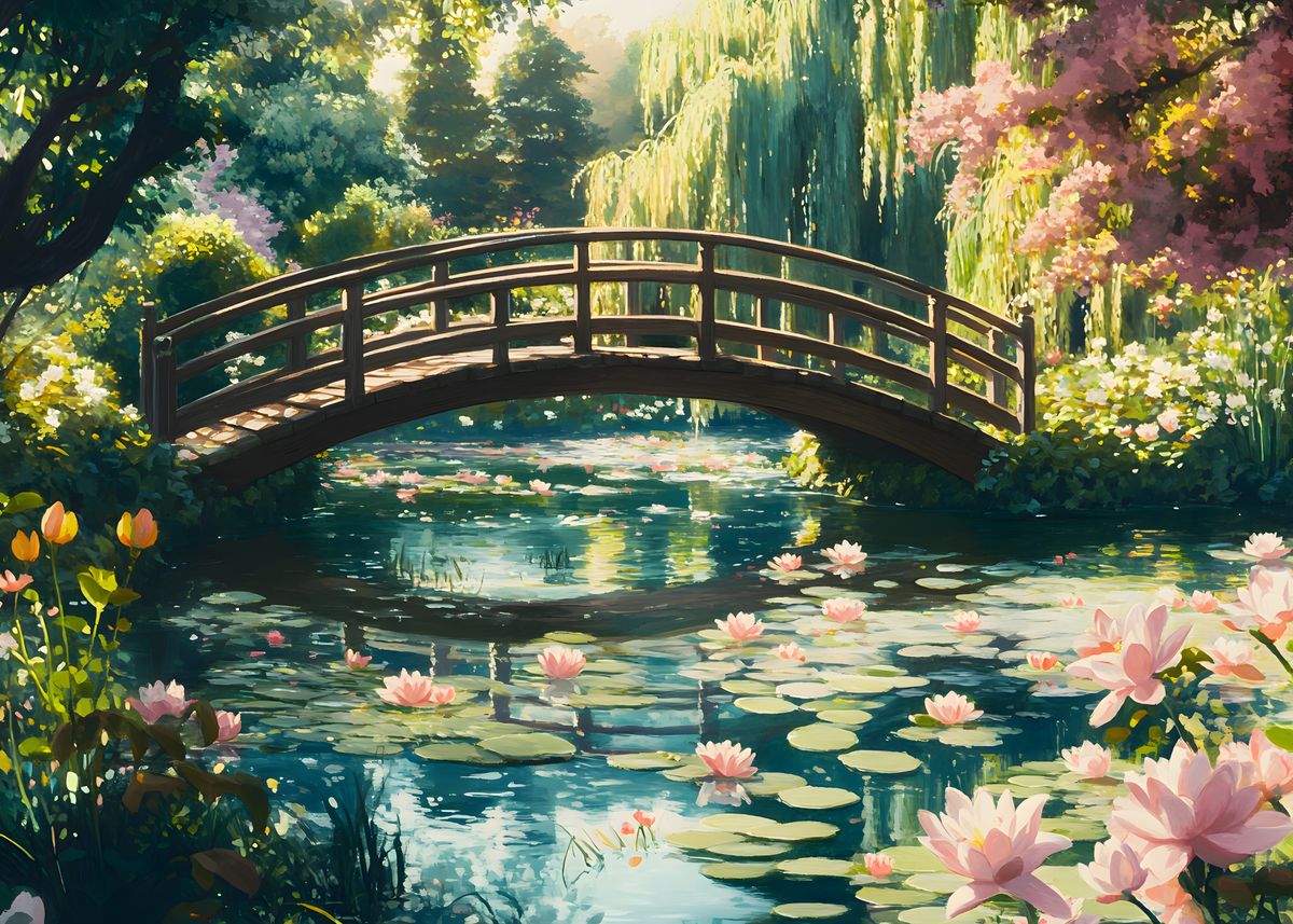 'Water Lily Pond Bridge' Poster, picture, metal print, paint by ...