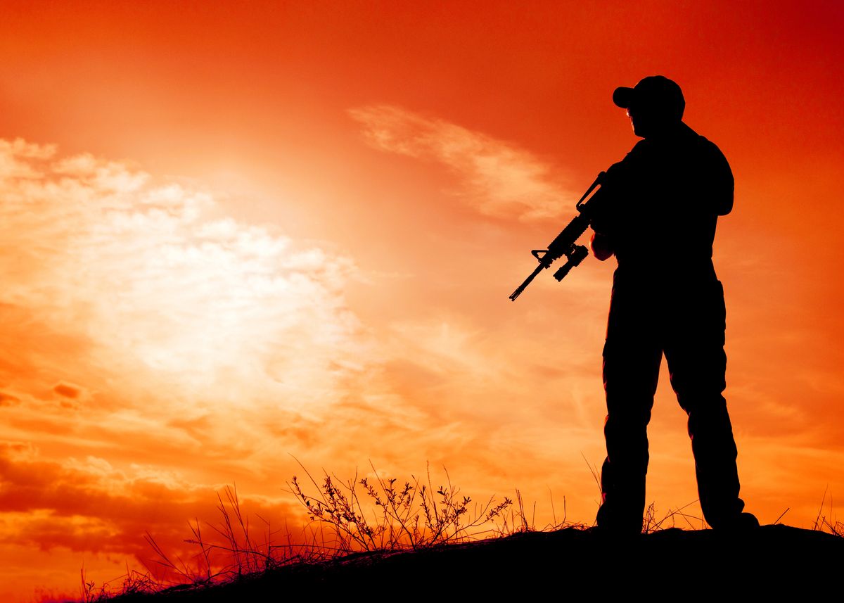 'Soldier Silhouette at Sunset' Poster, picture, metal print, paint by ...