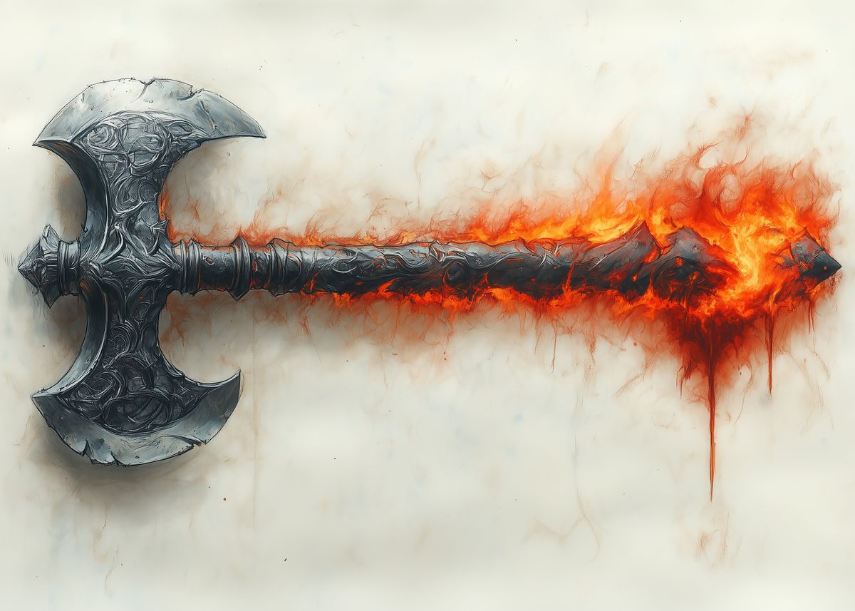 'Fiery Double-Headed Axe' Poster, picture, metal print, paint by der ...